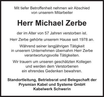 Traueranzeigen von Michael Zerbe | Trauer Nordkurier
