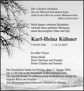 Traueranzeigen von Karl-Heinz Kühner | Trauer Nordkurier