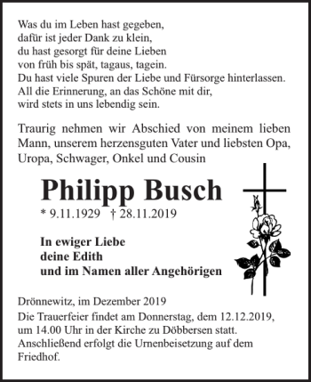 Traueranzeigen von Philipp Busch | Trauer Nordkurier