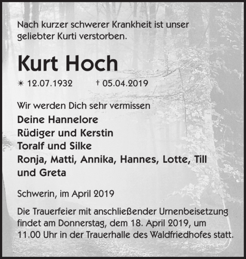 Traueranzeigen von Kurt Hoch | Trauer Nordkurier