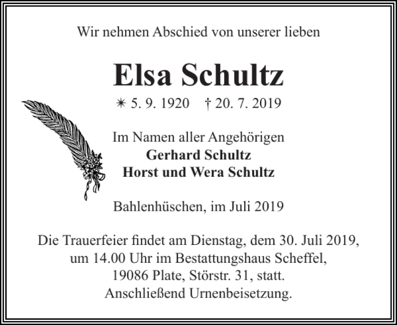 Traueranzeigen von Elsa Schultz | Trauer Nordkurier