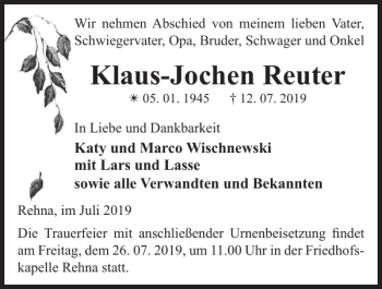 Traueranzeigen von Klaus-Jochen Reuter | Trauer Nordkurier