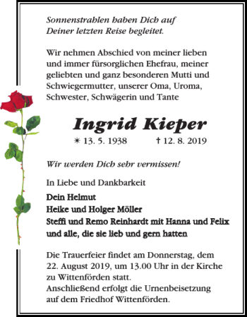 Traueranzeigen von Ingrid Kieper | Trauer Nordkurier