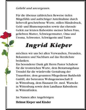 Traueranzeigen von Ingrid Kieper | Trauer Nordkurier