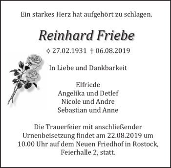 Traueranzeigen von Reinhard Friebe | Trauer Nordkurier