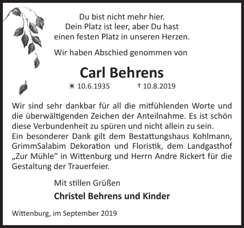 Traueranzeigen von Carl Behrens | Trauer Nordkurier