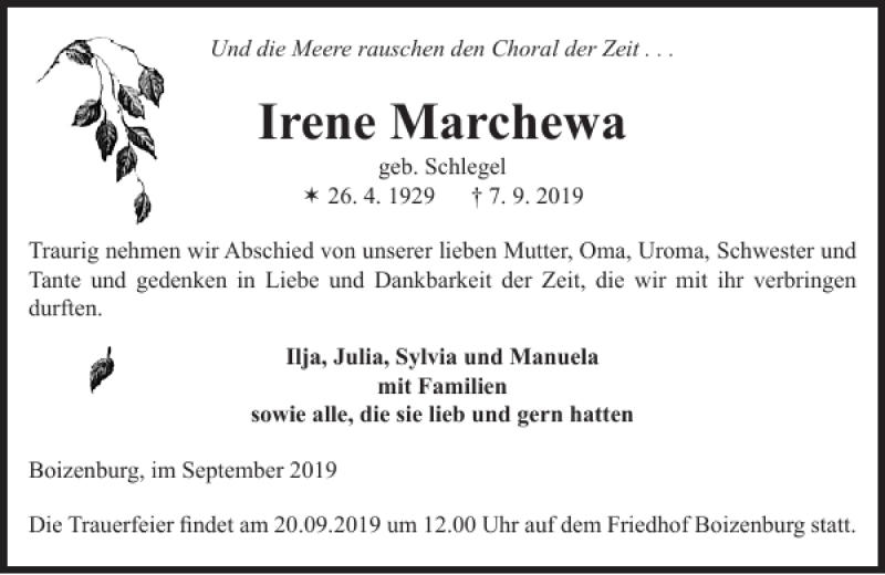 Traueranzeigen von Irene Marchewa | Trauer Nordkurier