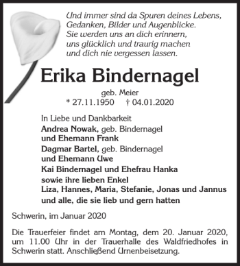 Traueranzeigen von Erika Bindernagel | Trauer Nordkurier