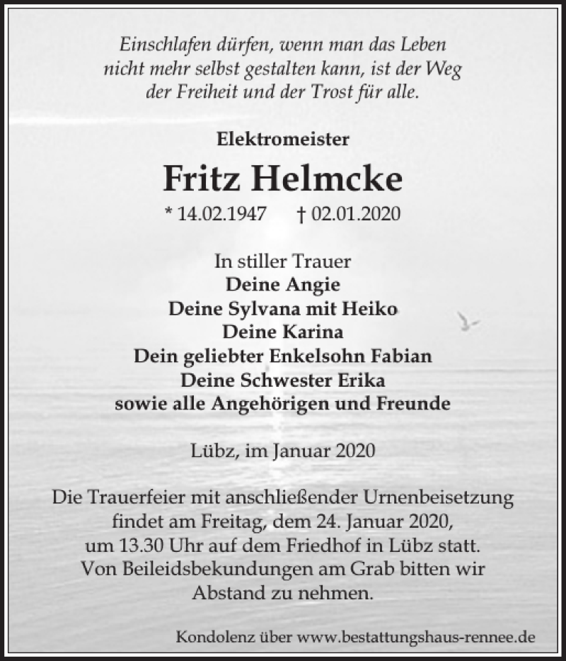 Traueranzeigen von Fritz Helmcke | Trauer Nordkurier