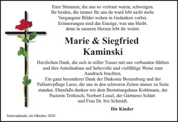 Traueranzeigen von Marie Siegfried Kaminski | Trauer Nordkurier