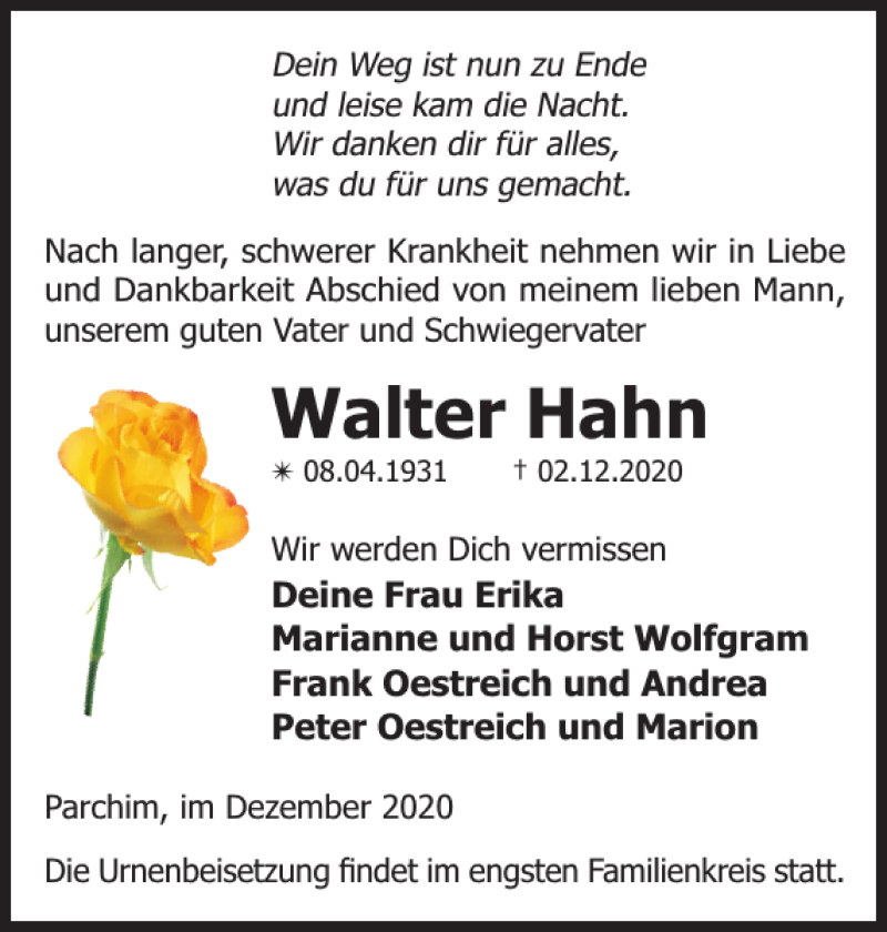 Traueranzeigen von Walter Hahn | Trauer Nordkurier