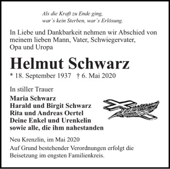 Traueranzeigen von Helmut Schwarz | Trauer Nordkurier