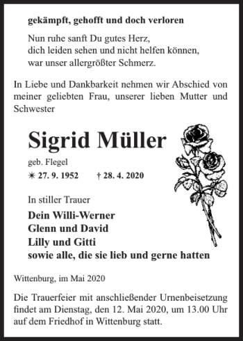 Traueranzeigen von Sigrid Müller | Trauer Nordkurier