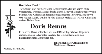 Traueranzeigen von Doris Remus | Trauer Nordkurier