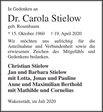 Traueranzeigen von Dr. Carola Stielow | Trauer Nordkurier