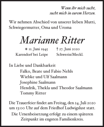 Traueranzeigen von Marianne Ritter | Trauer Nordkurier