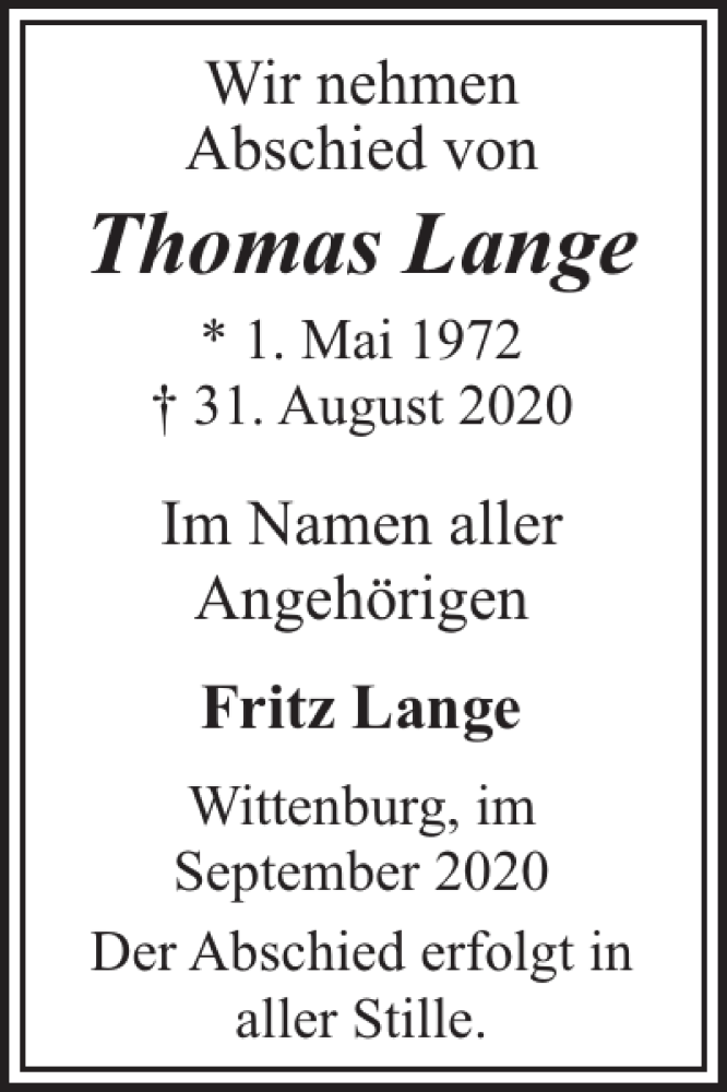 Traueranzeigen von Thomas Lange | Trauer Nordkurier