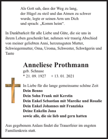 Traueranzeigen von Anneliese Prothmann | Trauer Nordkurier