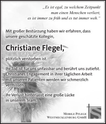 Traueranzeigen von Christiane Flegel | Trauer Nordkurier