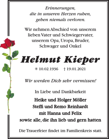 Traueranzeigen von Helmut Kieper | Trauer Nordkurier