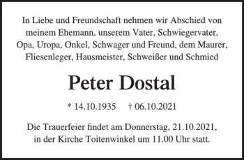 Traueranzeigen von Peter Dostal | Trauer Nordkurier