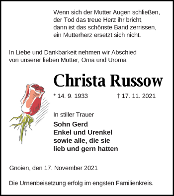 Traueranzeigen von Christa Russow | Trauer Nordkurier
