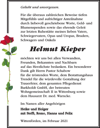 Traueranzeigen von Helmut Kieper | Trauer Nordkurier