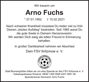 Traueranzeigen von Arno Fuchs | Trauer Nordkurier
