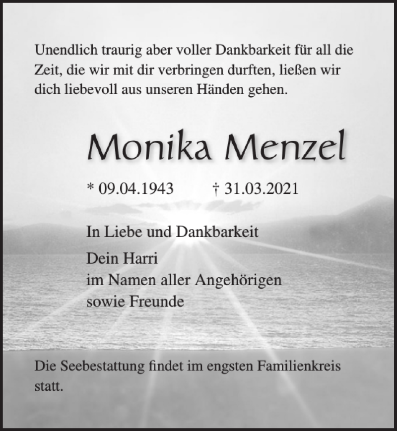 Traueranzeigen von Monika Menzel | Trauer Nordkurier
