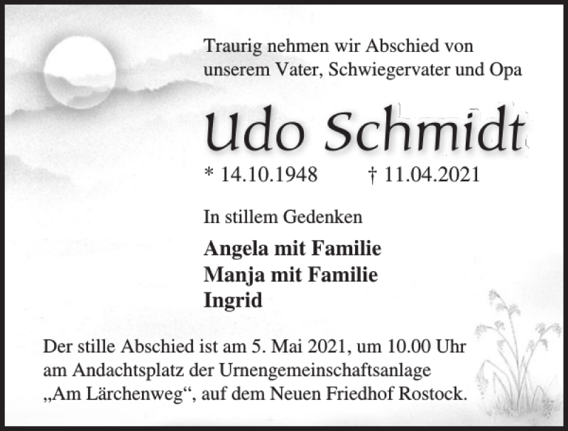 Traueranzeigen von Udo Schmidt | Trauer Nordkurier