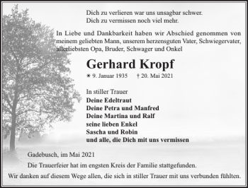 Traueranzeigen von Gerhard Kropf | Trauer Nordkurier