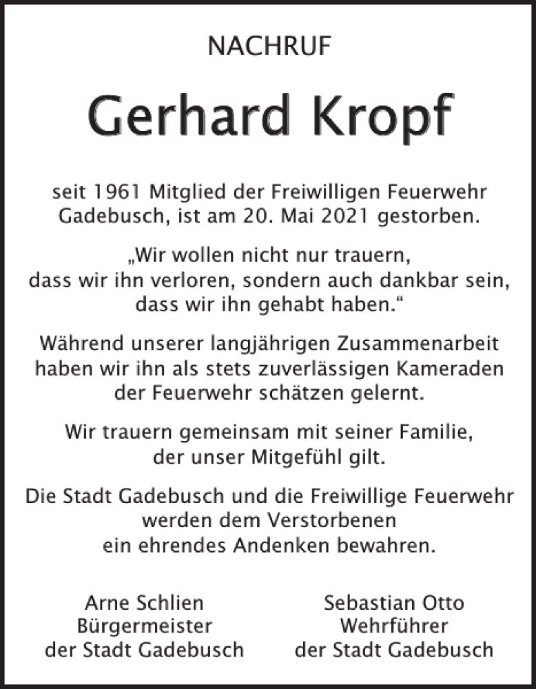 Traueranzeigen von Gerhard Kropf | Trauer Nordkurier