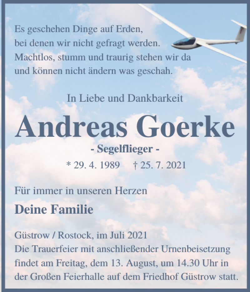 Traueranzeigen von Andreas Goerke | Trauer Nordkurier