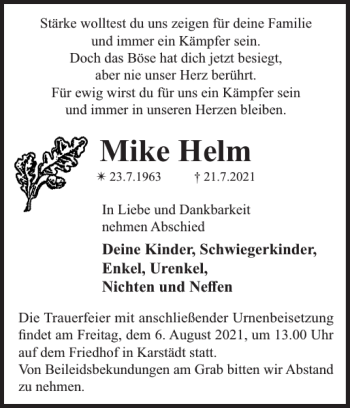 Traueranzeigen von Mike Helm | Trauer Nordkurier
