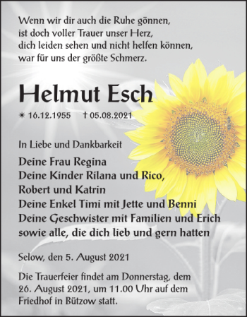 Traueranzeigen von Helmut Esch | Trauer Nordkurier