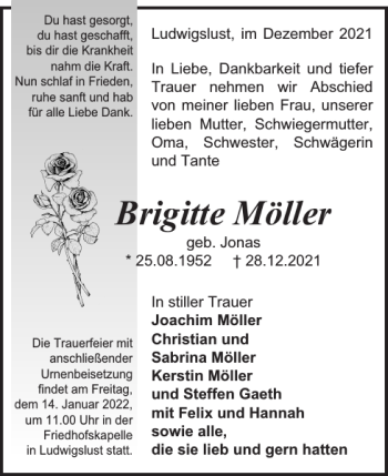 Traueranzeigen von Brigitte Möller | Trauer Nordkurier