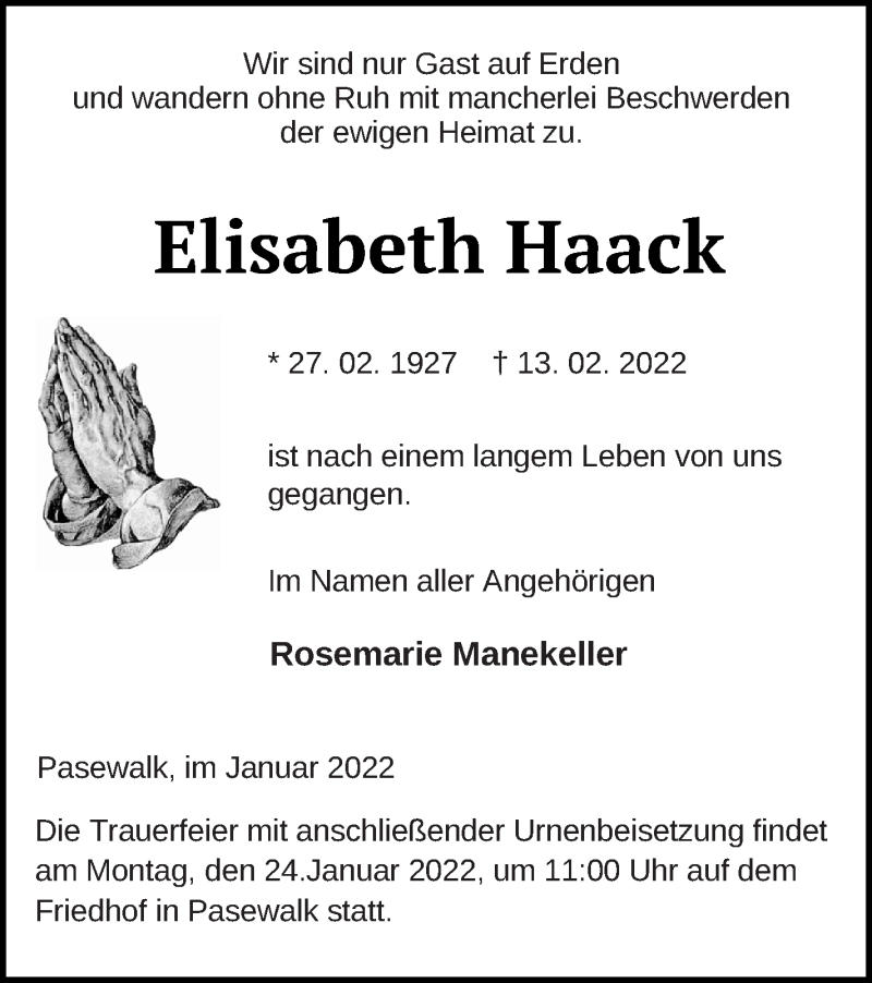Traueranzeigen von Elisabeth Haack | Trauer Nordkurier