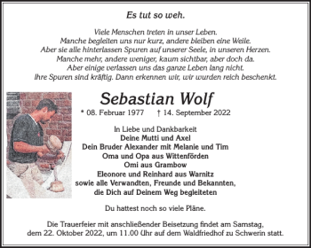 Traueranzeigen von Sebastian Wolf | Trauer Nordkurier