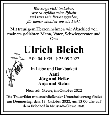 Traueranzeigen von Ulrich Bleich | Trauer Nordkurier