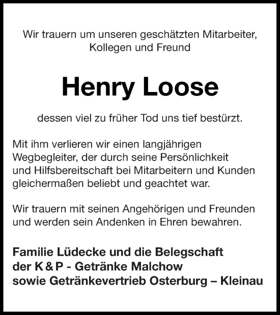 Traueranzeigen von Henry Loose | Trauer Nordkurier