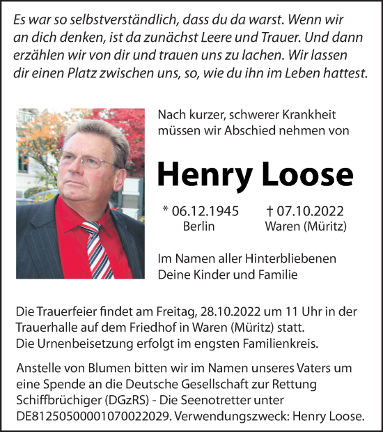 Traueranzeigen von Henry Loose | Trauer Nordkurier