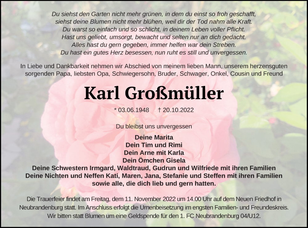 Traueranzeigen von Karl Großmüller | Trauer Nordkurier