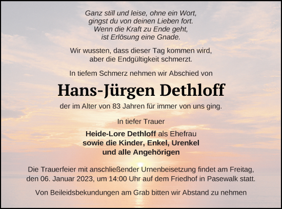 Traueranzeigen von Hans-Jürgen Dethloff | Trauer Nordkurier