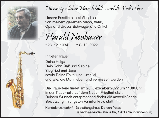 Traueranzeigen von Harald Neubauer | Trauer Nordkurier
