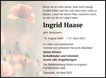 Traueranzeigen von Ingrid Haase | Trauer Nordkurier