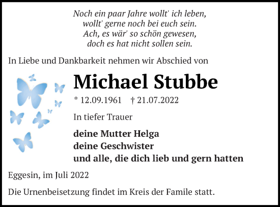 Traueranzeigen von Michael Stubbe | Trauer Nordkurier