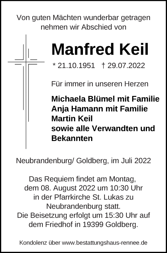 Traueranzeigen von Manfred Keil | Trauer Nordkurier
