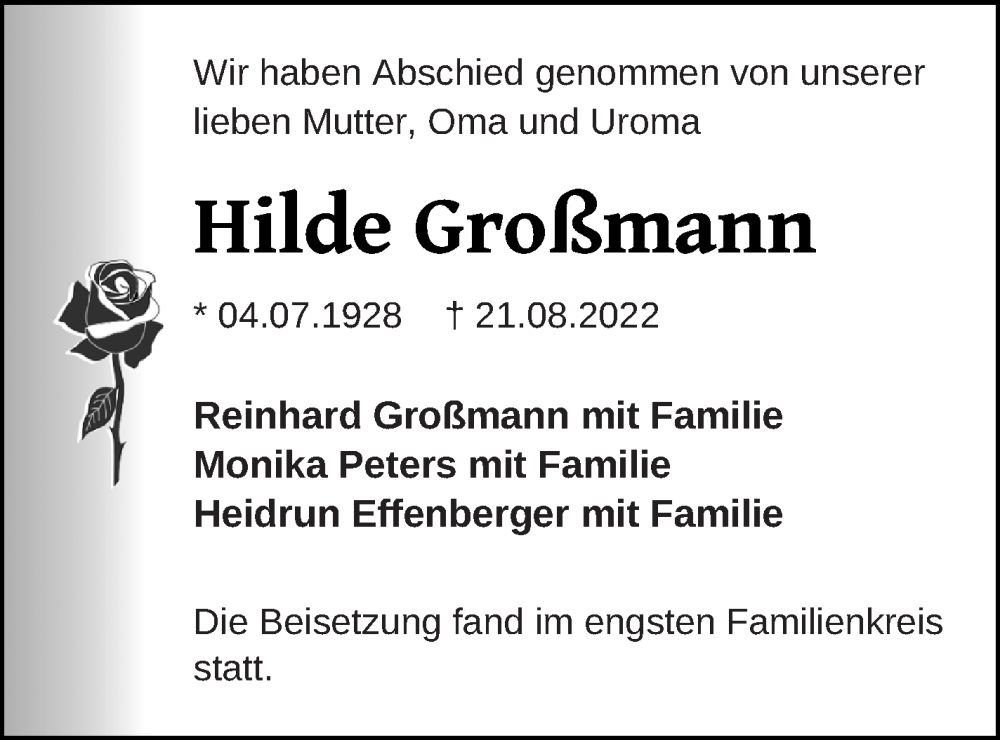 Traueranzeigen von Hilde Großmann | Trauer Nordkurier