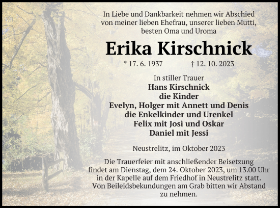 Traueranzeigen von Erika Kirschnick | Trauer Nordkurier