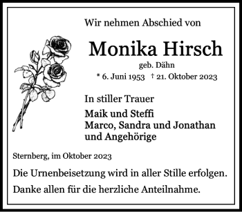 Traueranzeigen von Monika Hirsch | Trauer Nordkurier